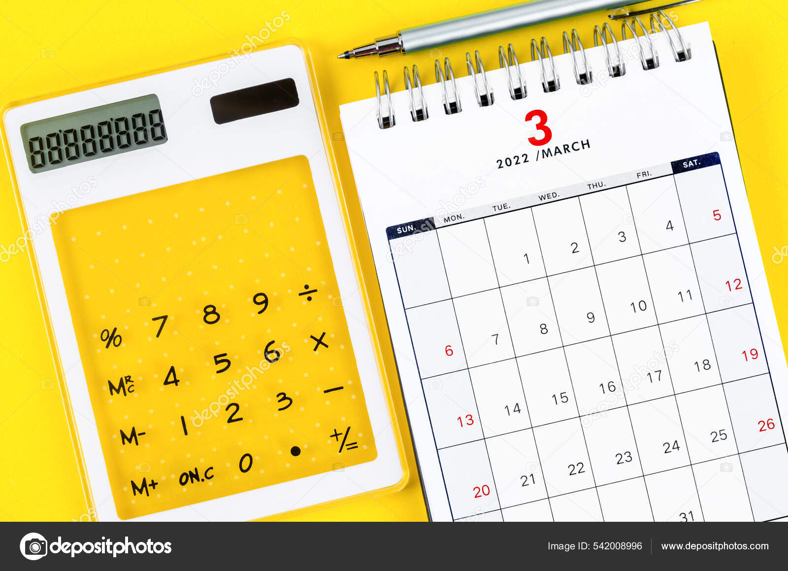 March 2022 Desk Calendar Calculator Pen Yellow Background — Stock Photo ...