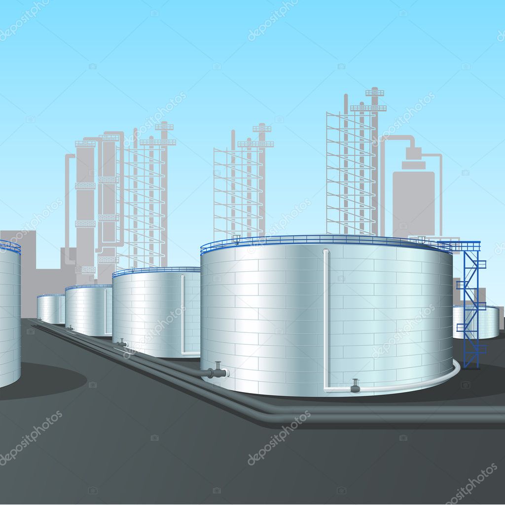 Refinery vertical steel tank farm with pipeline — Stock Vector © M ...