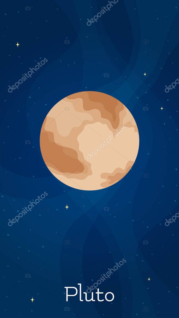 Star system planet Pluto vector illustration. Astronomical object art concept on night sky ...