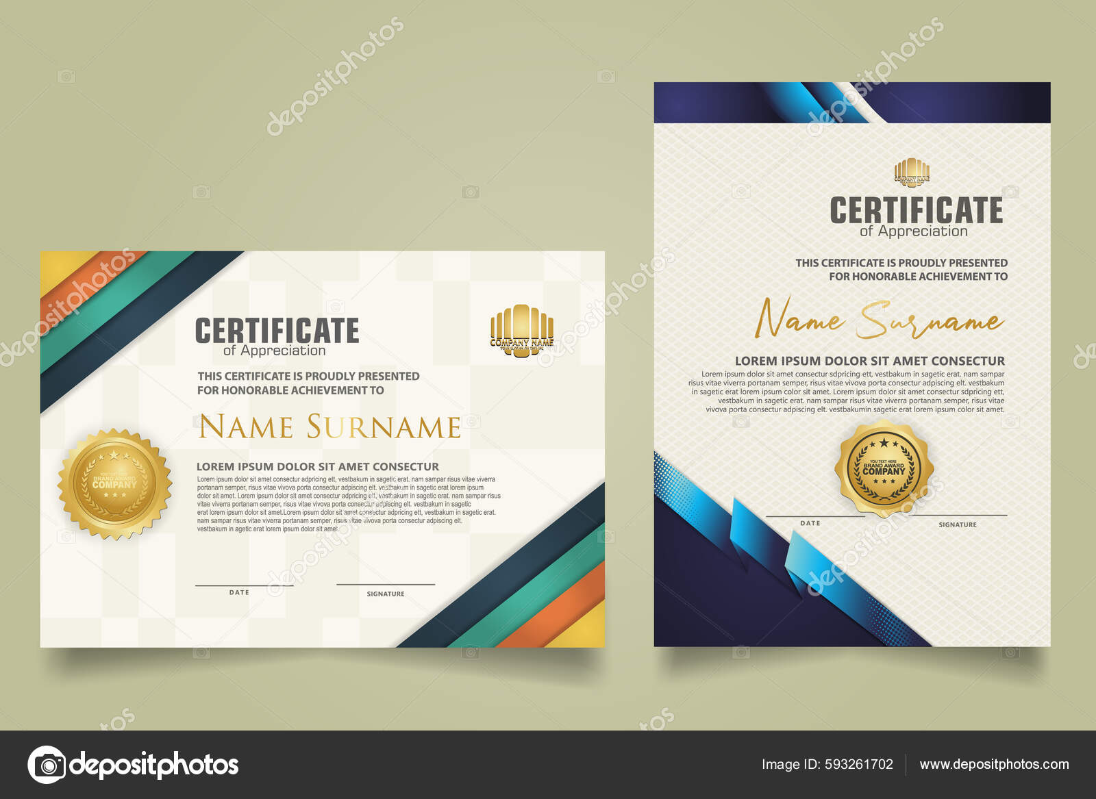Set Horizontal Vertical Certificate Template Ribbon Stripes Ornament Modern Texture Stock Vector ...