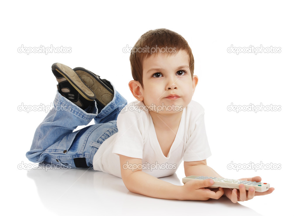 Little boy pulls to a control panel from the TV — Stock Photo © idal ...