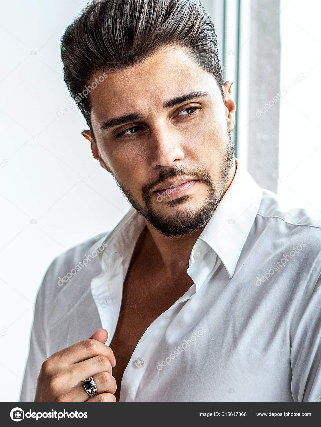 Portrait Successful Elegant Man Wearing White Shirt Looking Away ...