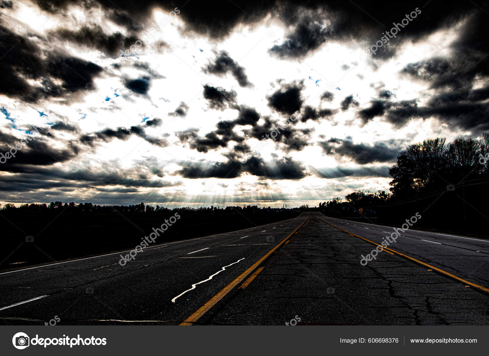 Bright Light Beaming Clouds Straight View Rural Road Country Storm ...