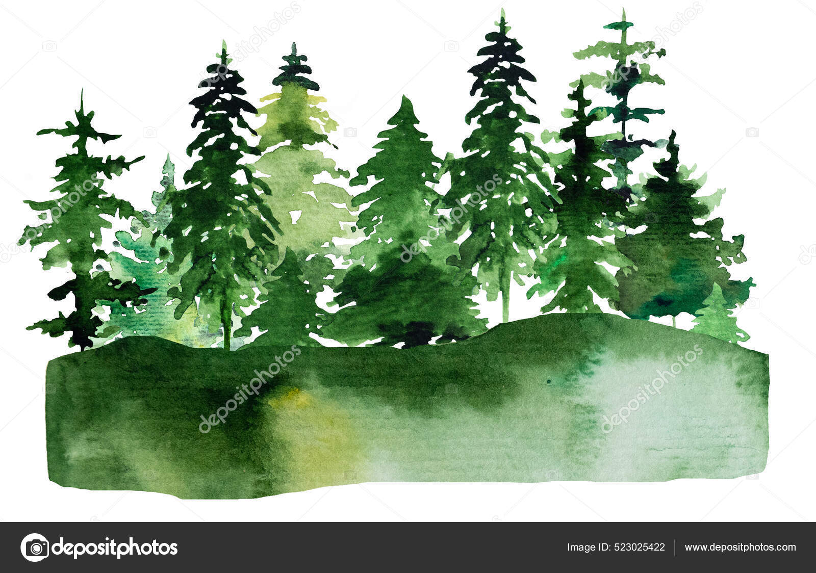 Winter Christmas Watercolor Green Coniferous Trees Landscape Isolated ...