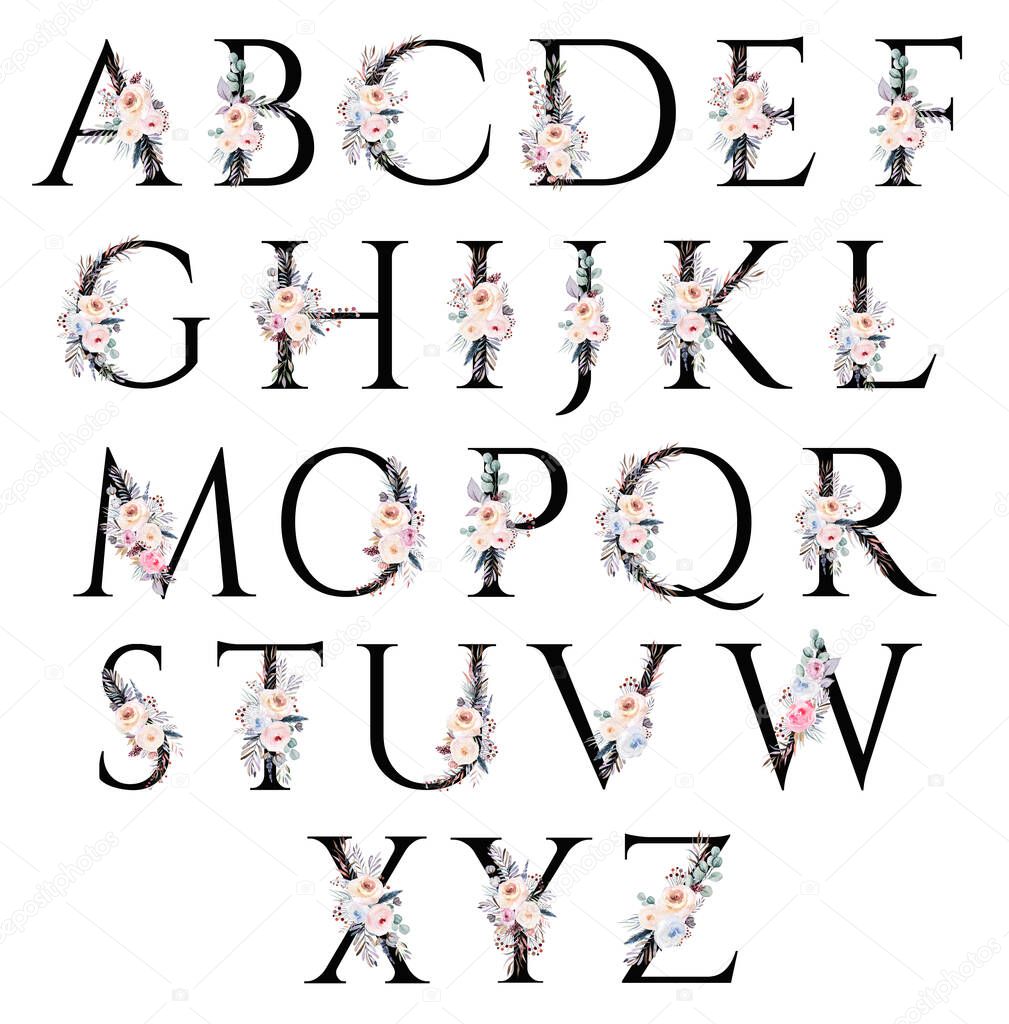Letras negras con el ramo de invierno de acuarela pastel aislado en ...
