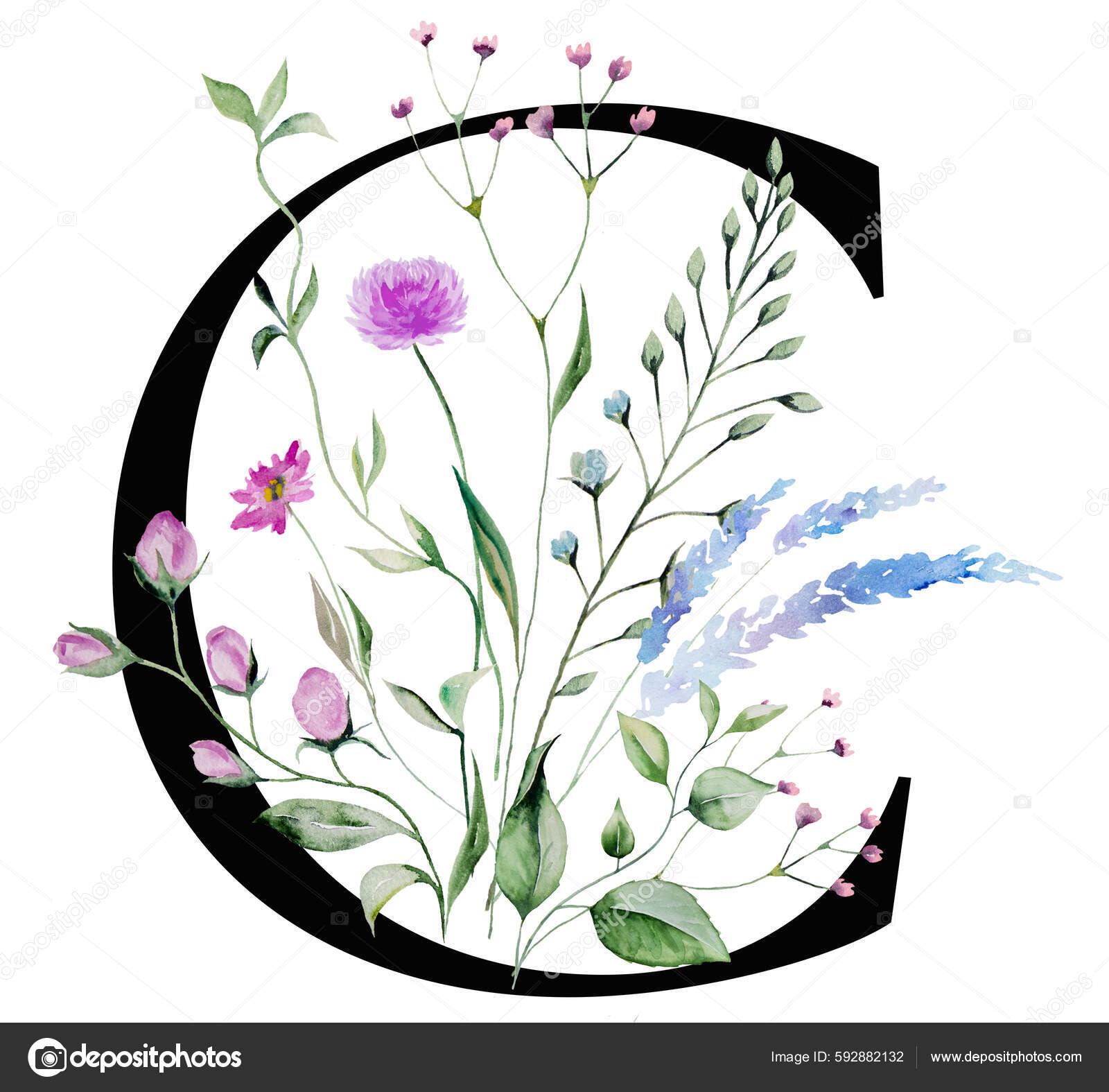 Black Capital Letter Watercolor Wildflowers Leaves Bouquet Isolated ...