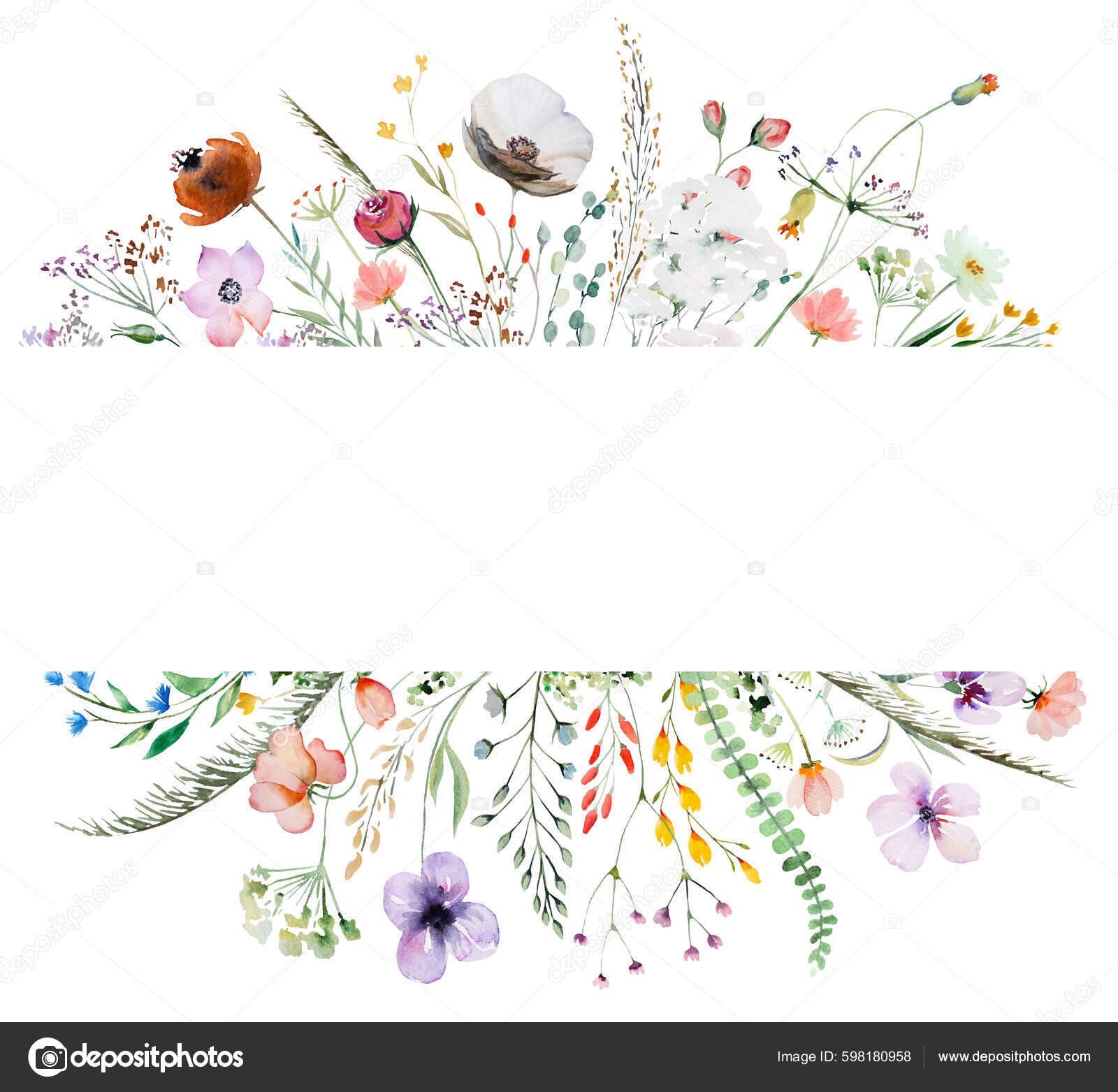Horizontal Frame Made Colorful Watercolor Wildflowers Leaves ...