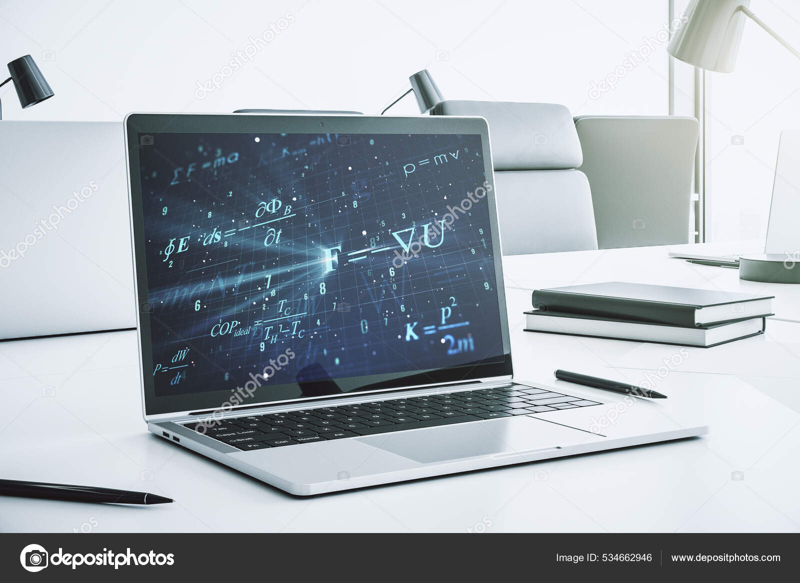 Modern computer monitor with creative scientific formula concept ...