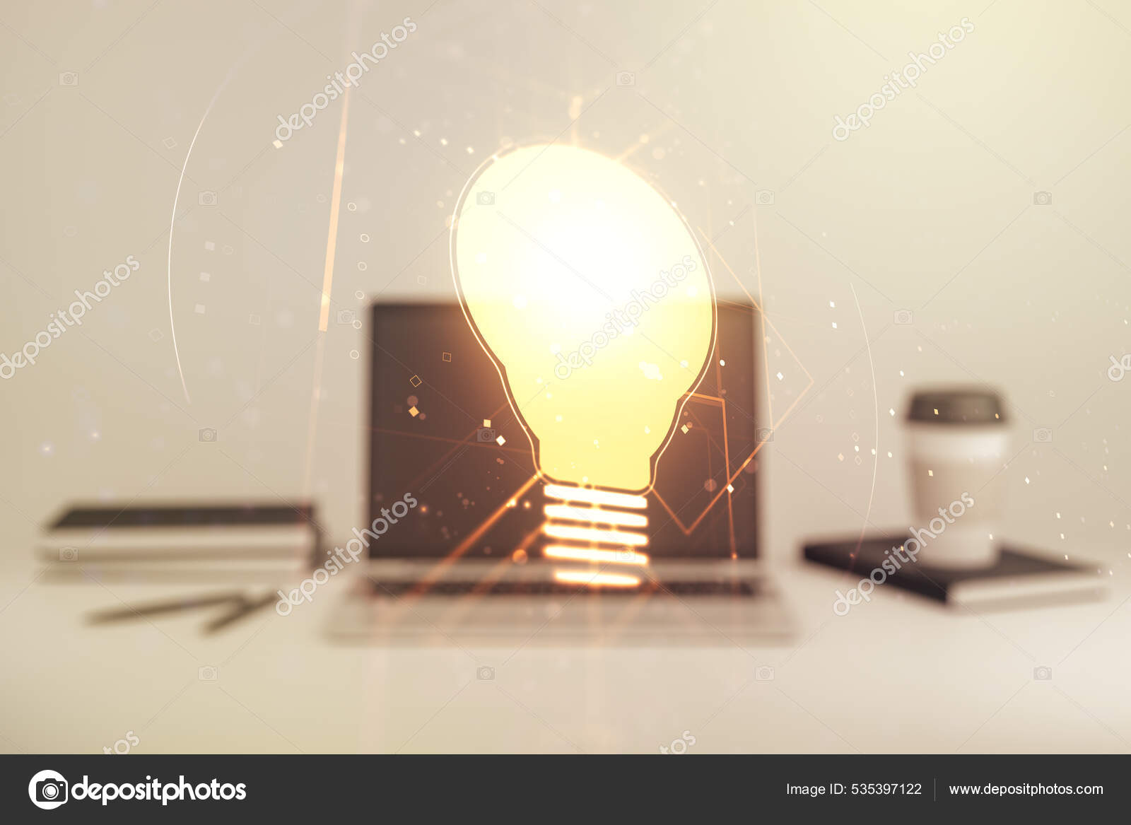 Creative light bulb illustration on modern computer background, future ...