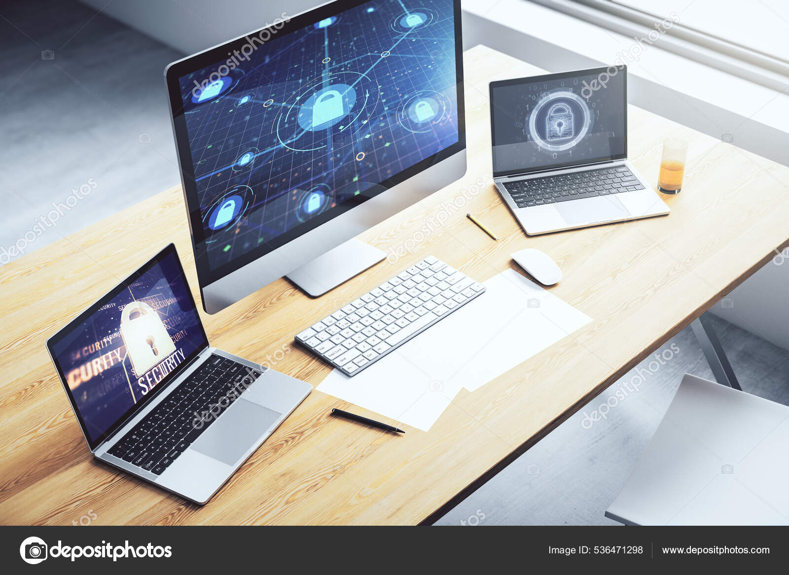 Creative lock sketch with chip hologram on modern computer monitor ...