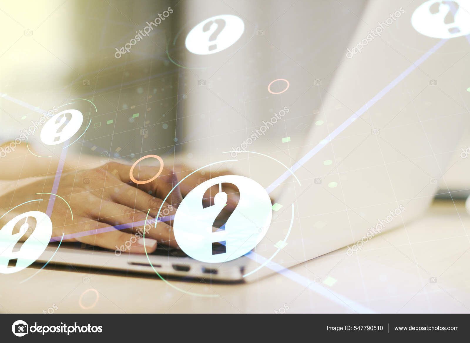 Creative abstract question mark sketch and hands typing on computer ...