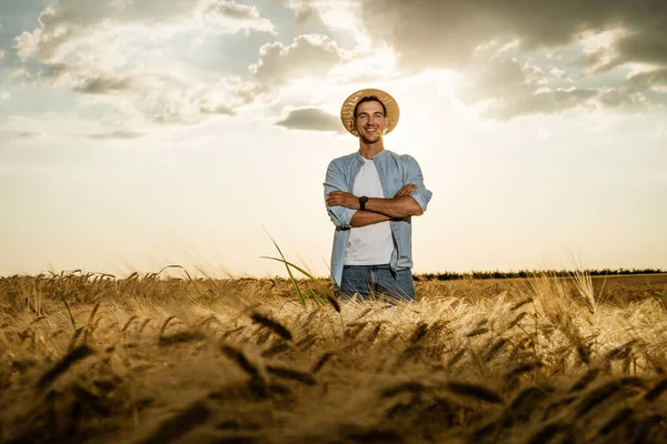 Happy farmer is standing in his growing barley field. - Stock Image ...