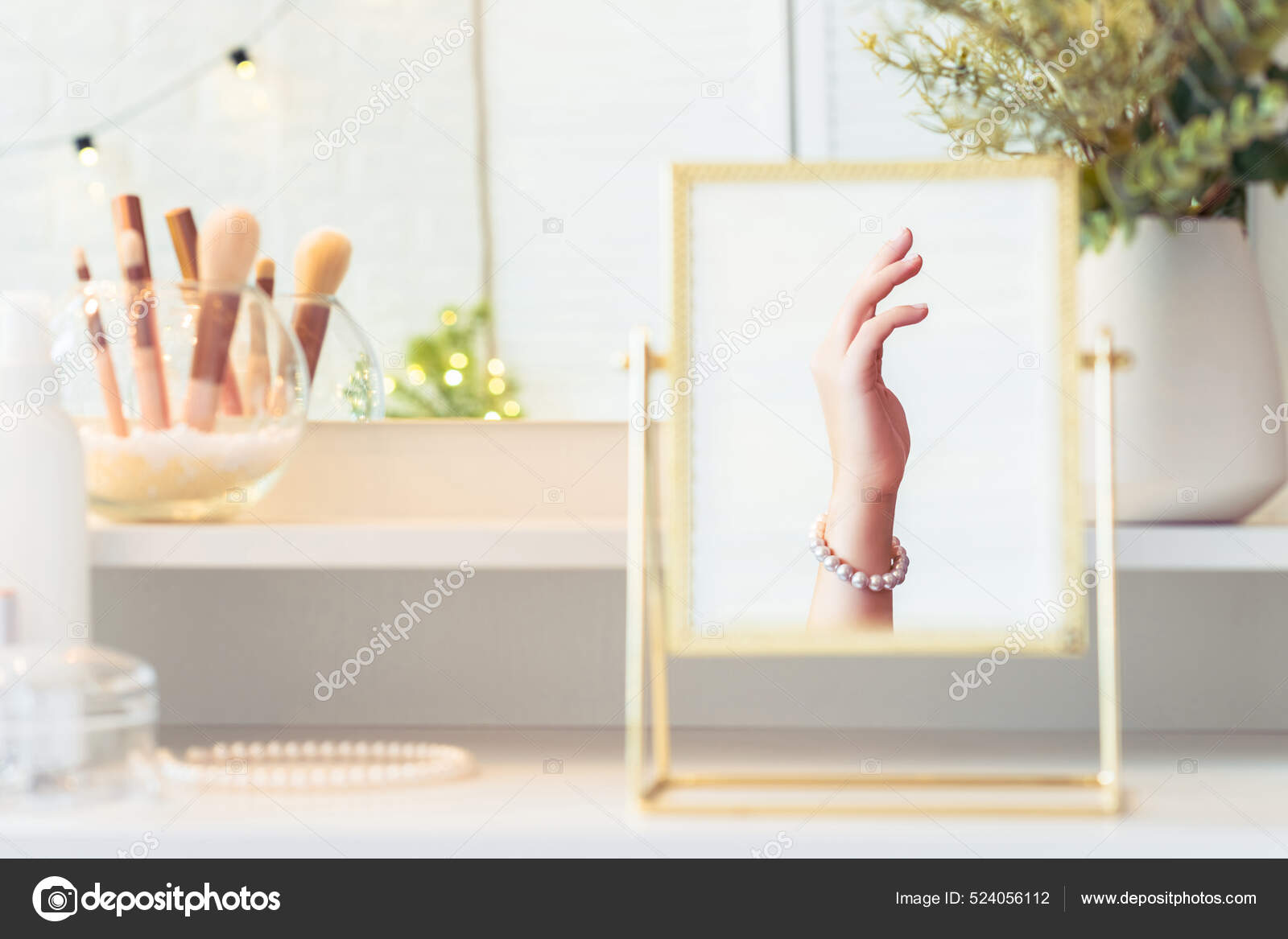 Reflection Table Mirror Woman Hand Pearl Bracelets Dressing Table Make ...