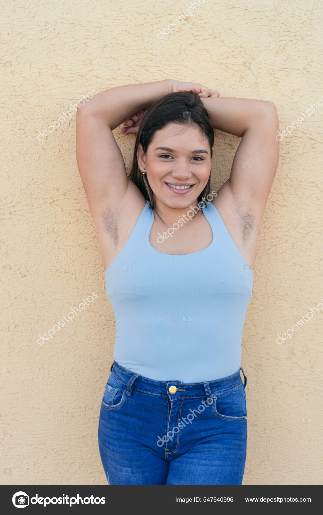 Real Woman Unshaven Armpits Posing Yellow Background Laughing Camera