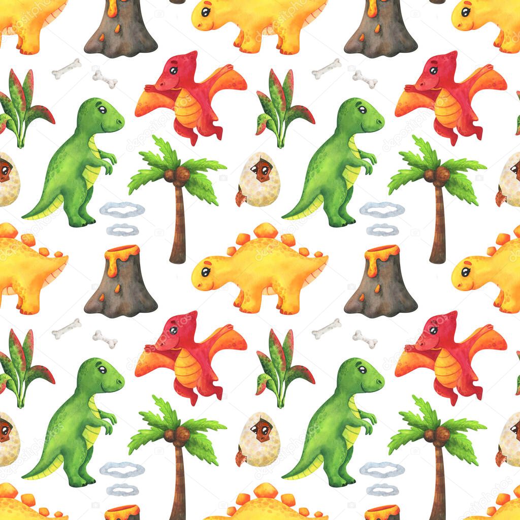 Patrón sin fisuras con dinosaurios en el hábitat. Dinosaurio amarillo, rojo, verde en una isla ...