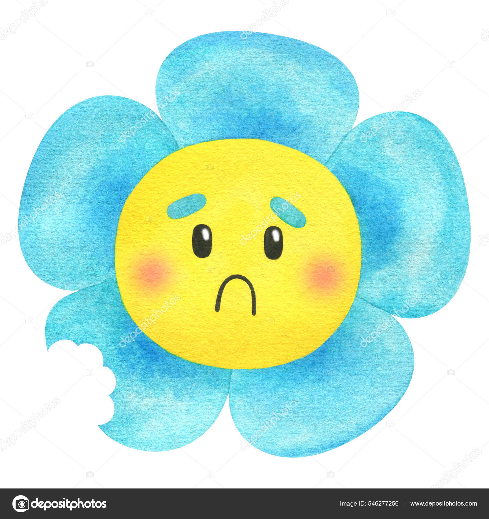Bright Blue Flower Sad Face Creative Watercolor Illustration Funny ...
