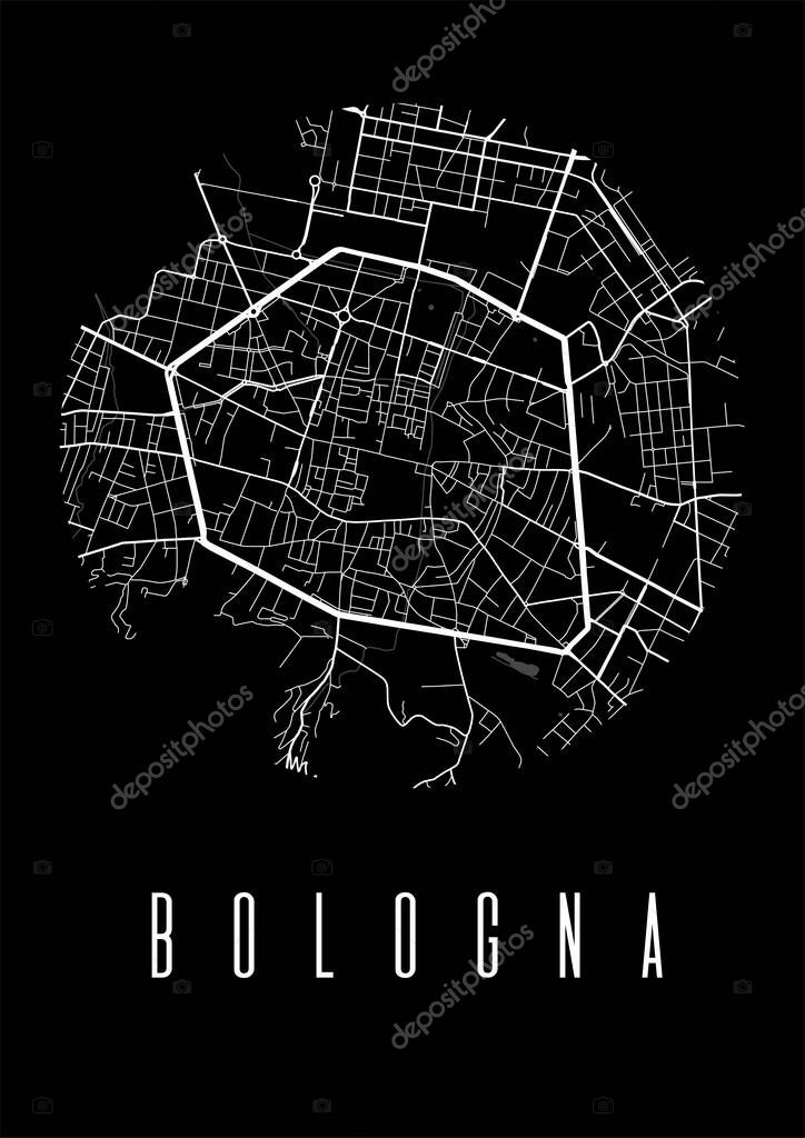 Bolonia mapa vector negro cartel. Ronda vista circular, plano de ...