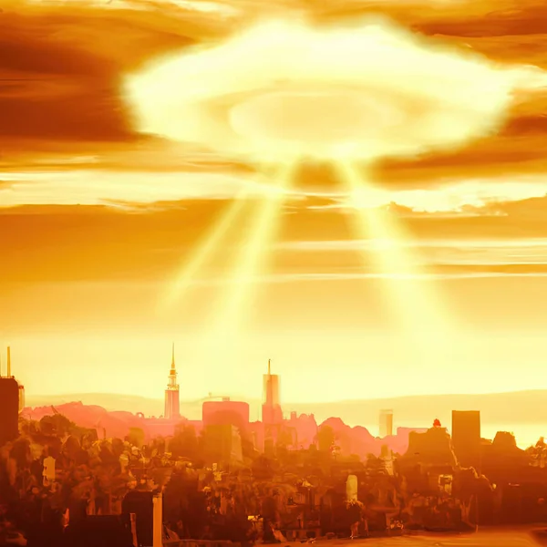 World in fire. A bright flash from a nuclear explosion over the city ...