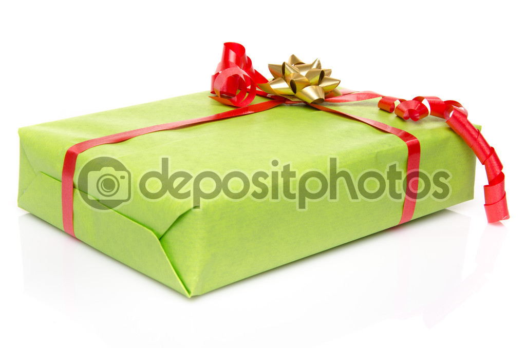 Green gift box with a red ribbon and a golden bow Stock Photo by ...