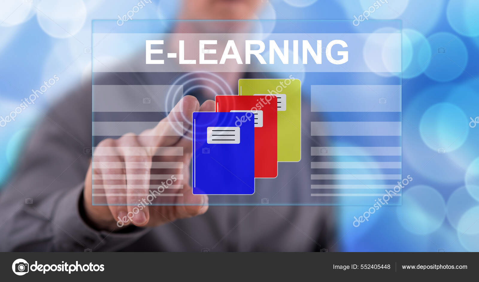 Man Touching Learning Concept Touch Screen His Finger — Stock Photo ...