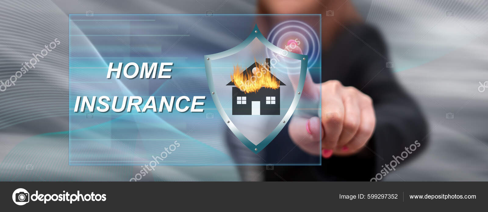 Woman Touching Home Insurance Concept Touch Screen Her Finger — Stock ...