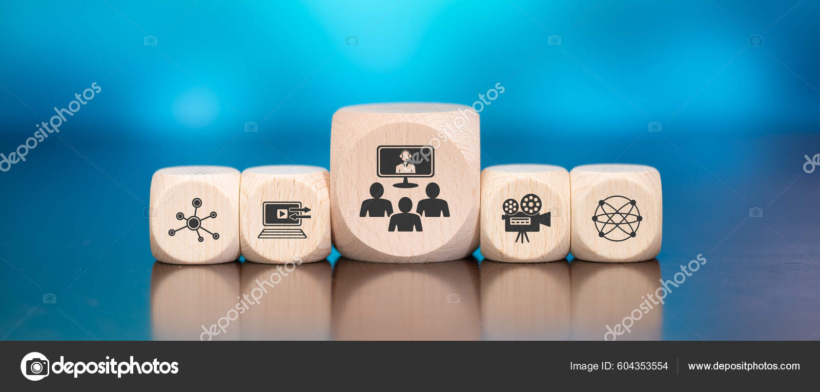 Wooden Blocks Symbol Video Conference Concept Blue Background — Stock ...