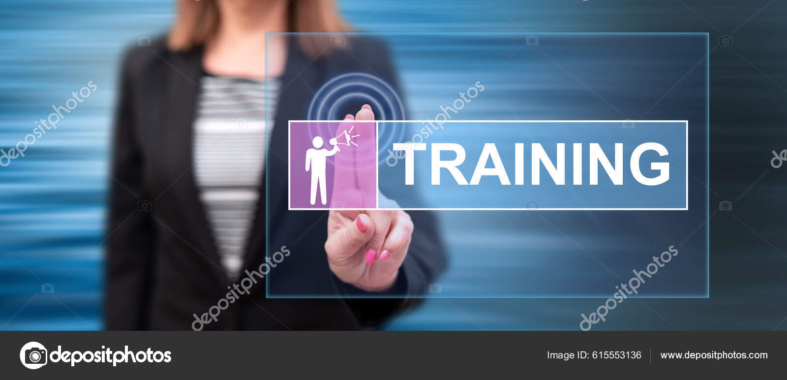 Woman Touching Training Concept Touch Screen Her Fingers — Stock Photo ...