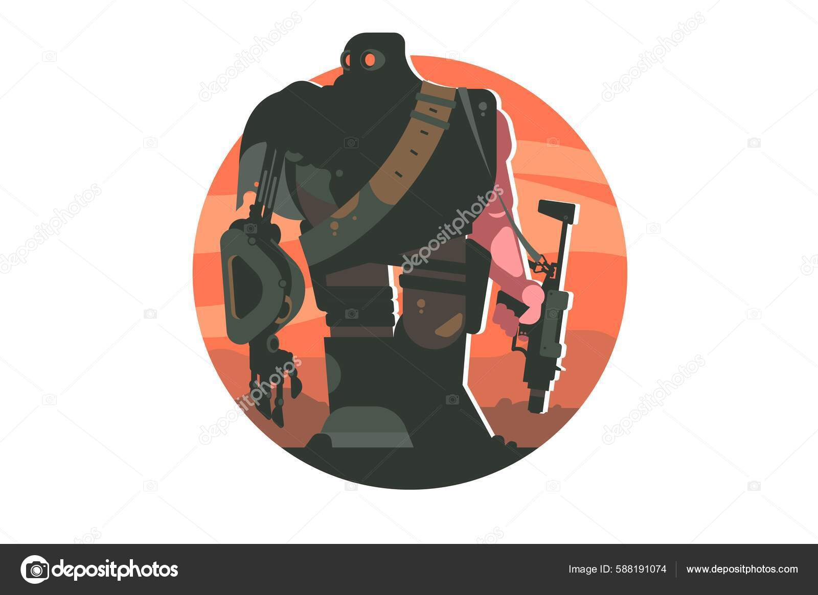 Cartoon Cyborg Weapon Vector Illustration Robot Soldier Gun Flat Style ...
