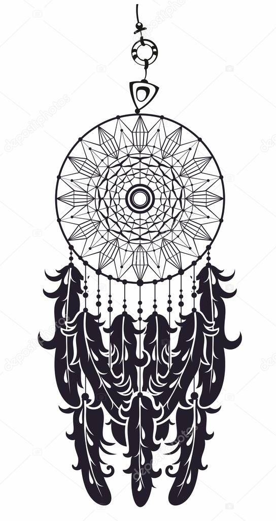 Atrapasueños con hilos, cuentas y plumas. Símbolo nativo americano en ...