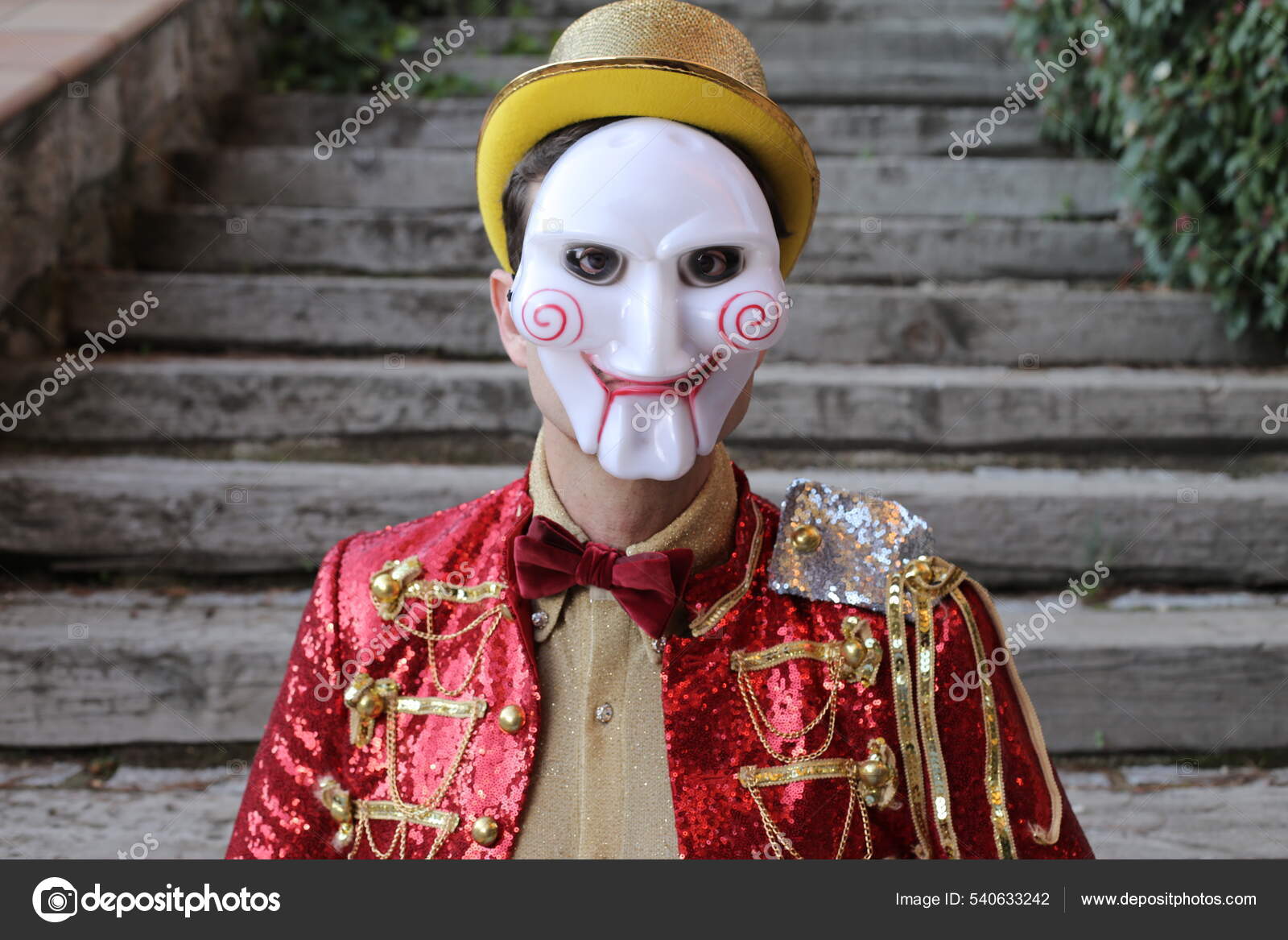 Close Portrait Handsome Young Man Colorful Circus Suit Scary Clown ...