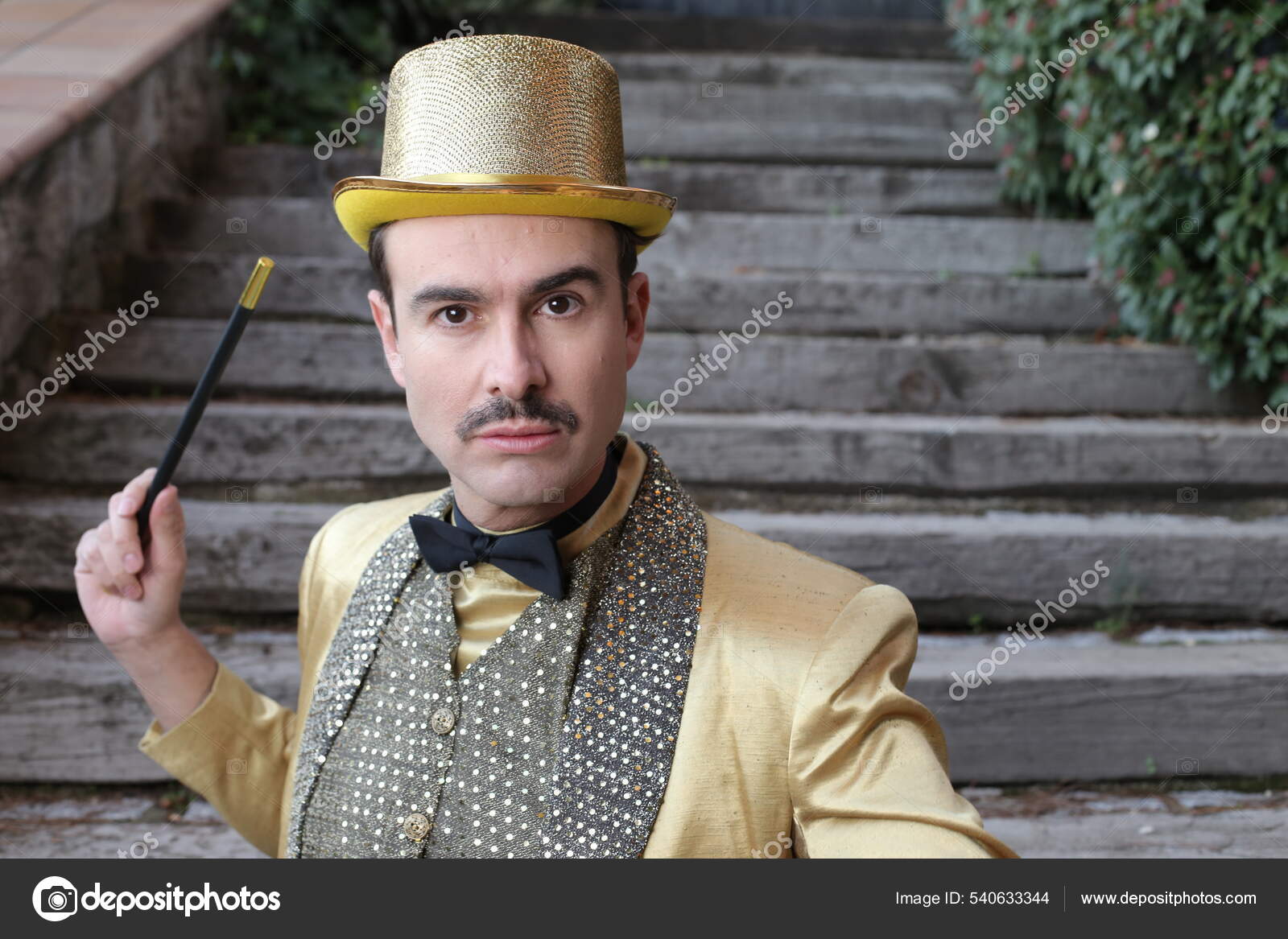 Close Portrait Handsome Young Man Golden Cylinder Hat Magic Wand ...