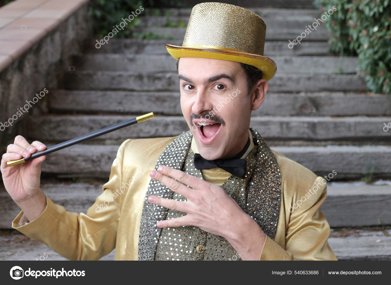 Close Portrait Handsome Young Man Golden Cylinder Hat Magic Wand ...