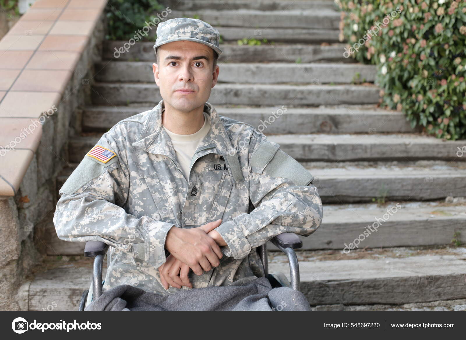 Close Portrait Handsome Young Soldier Uniform Sitting Wheelchair Front ...