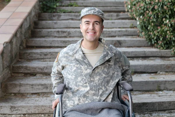 Close Portrait Handsome Young Soldier Uniform Sitting Wheelchair Front ...