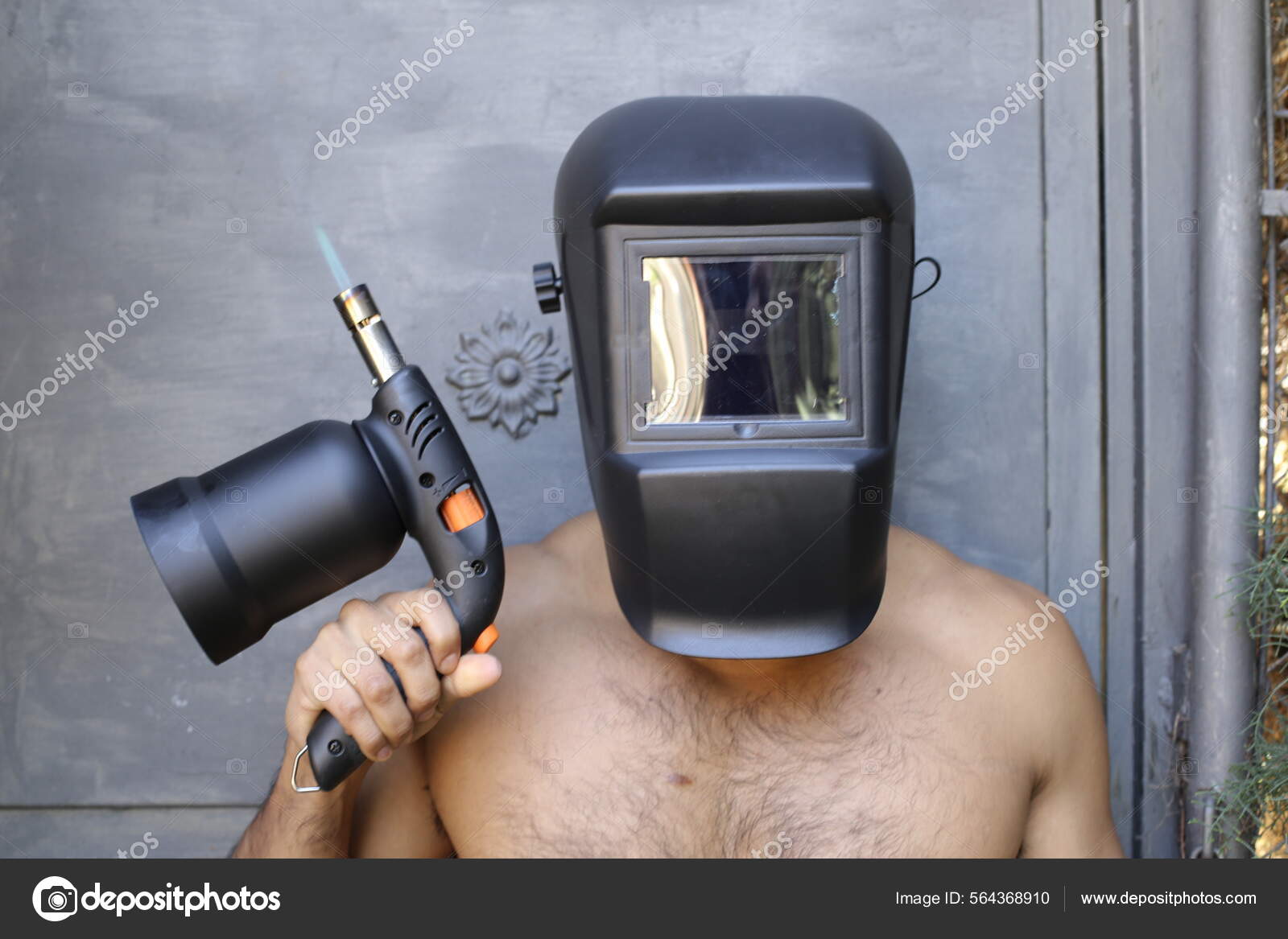 Close Portrait Handsome Shirtless Young Welder Mask — Stock Photo ...