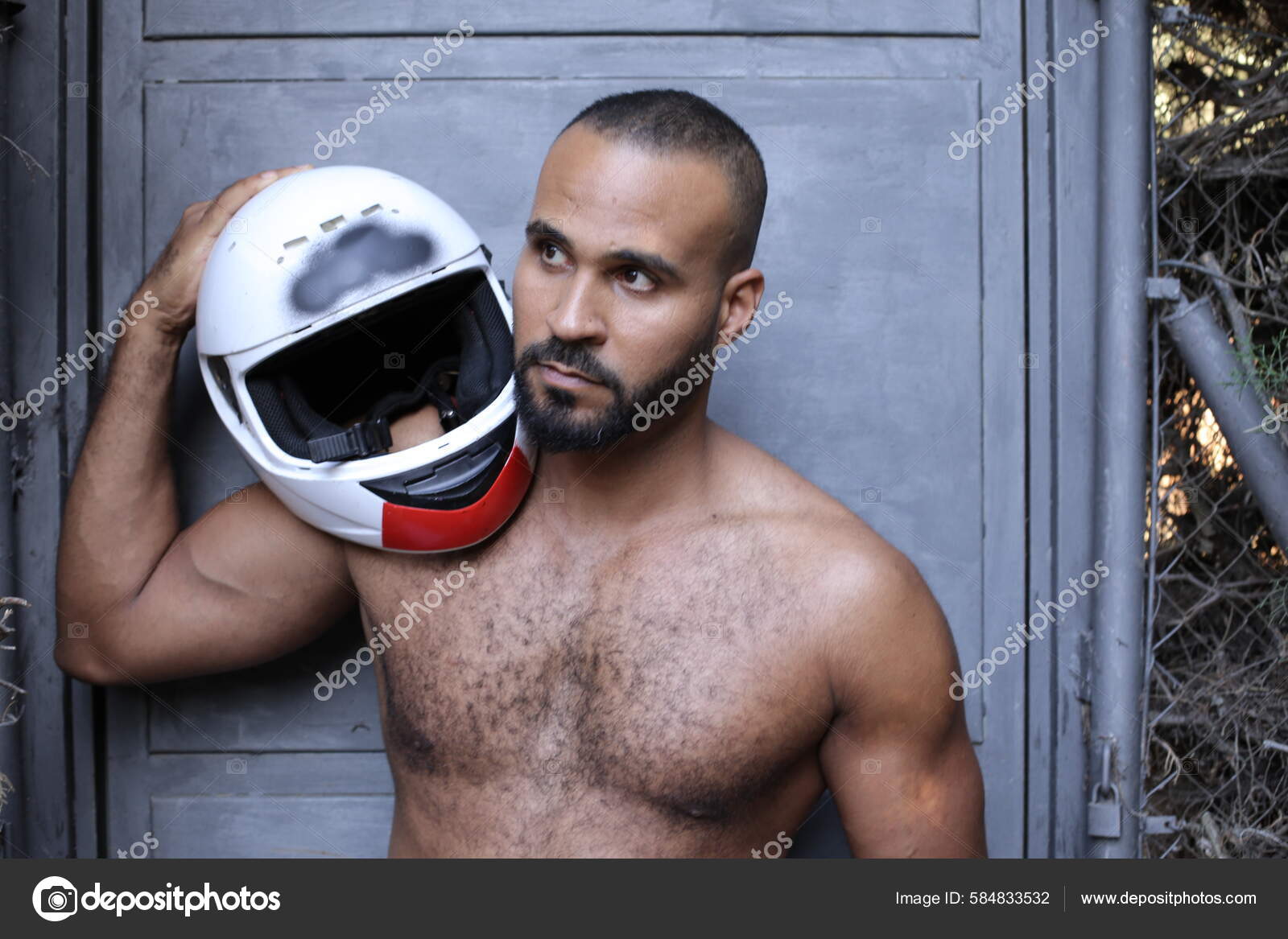 Close Portrait Handsome Shirtless Young Man Motorcycle Helmet Grey Wall ...