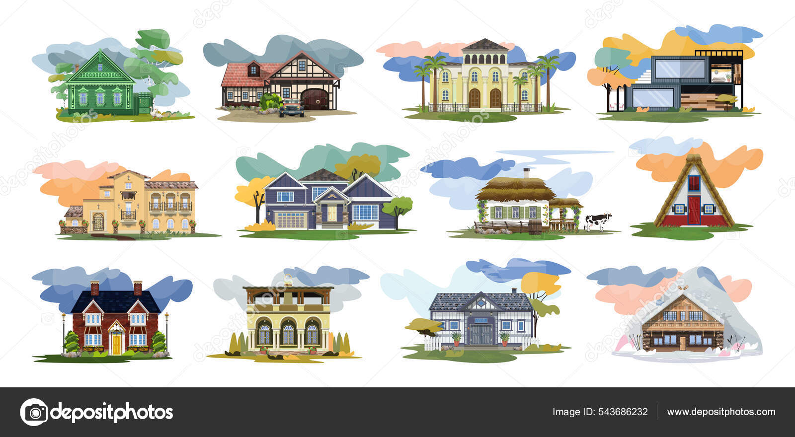 Illustrations Residential Buildings Different Countries Houses ...