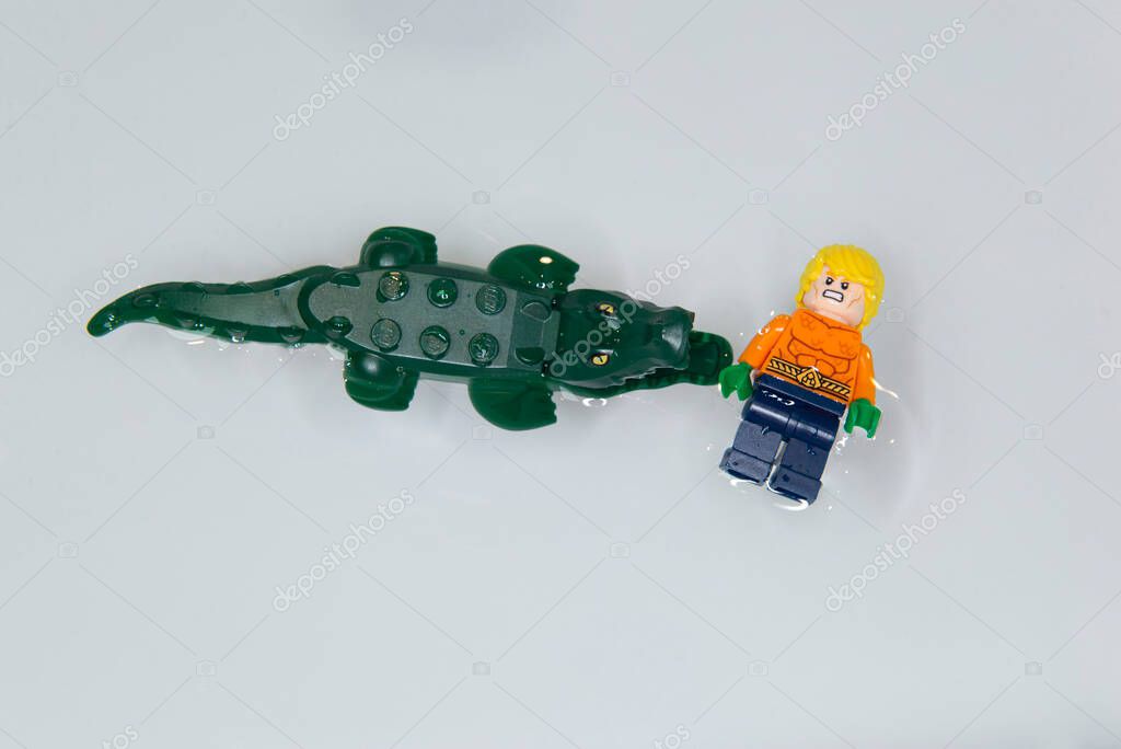 Bauru, Brazil. 7, June, 2022: Top view of Lego minifigure of Aquaman ...