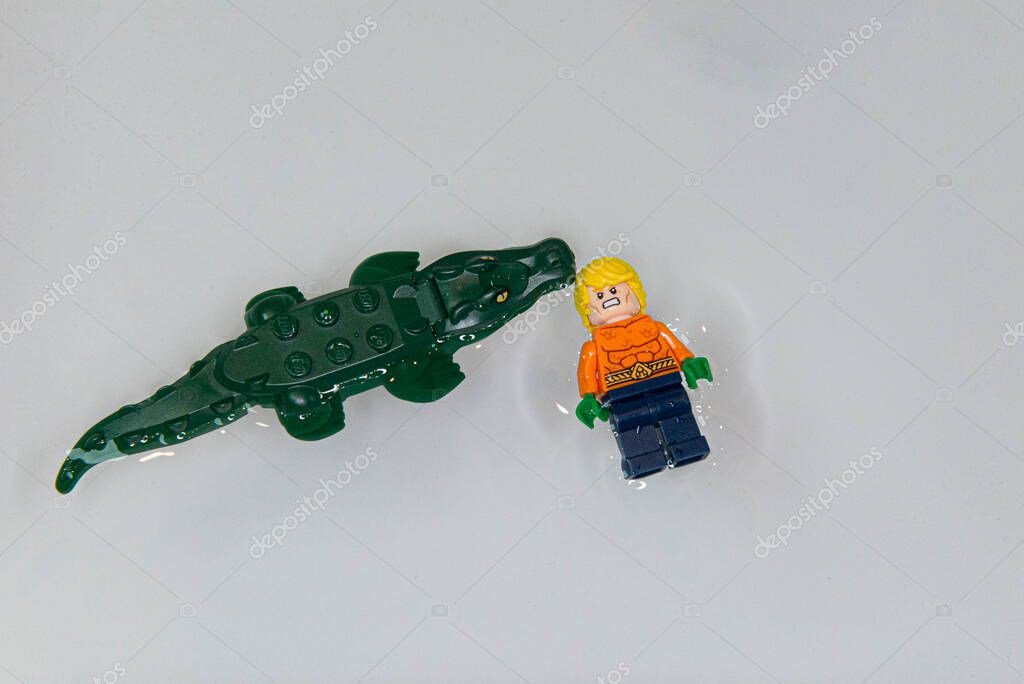 Bauru, Brazil. 7, June, 2022: Top view of Lego minifigure of Aquaman ...