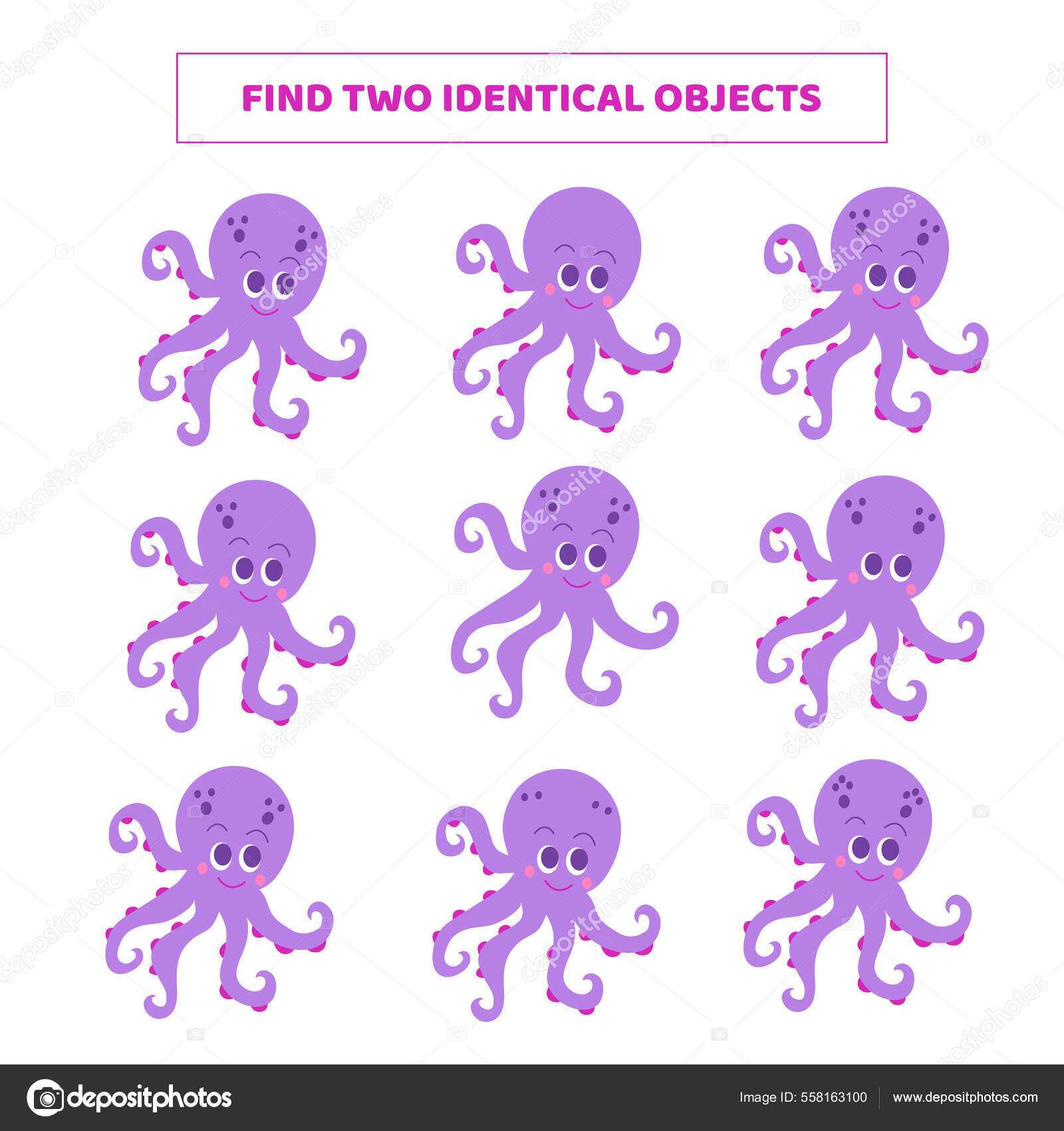 Encuentra Dos Objetos Idénticos Juego Que Empareja Con Pulpo Dibujos ...