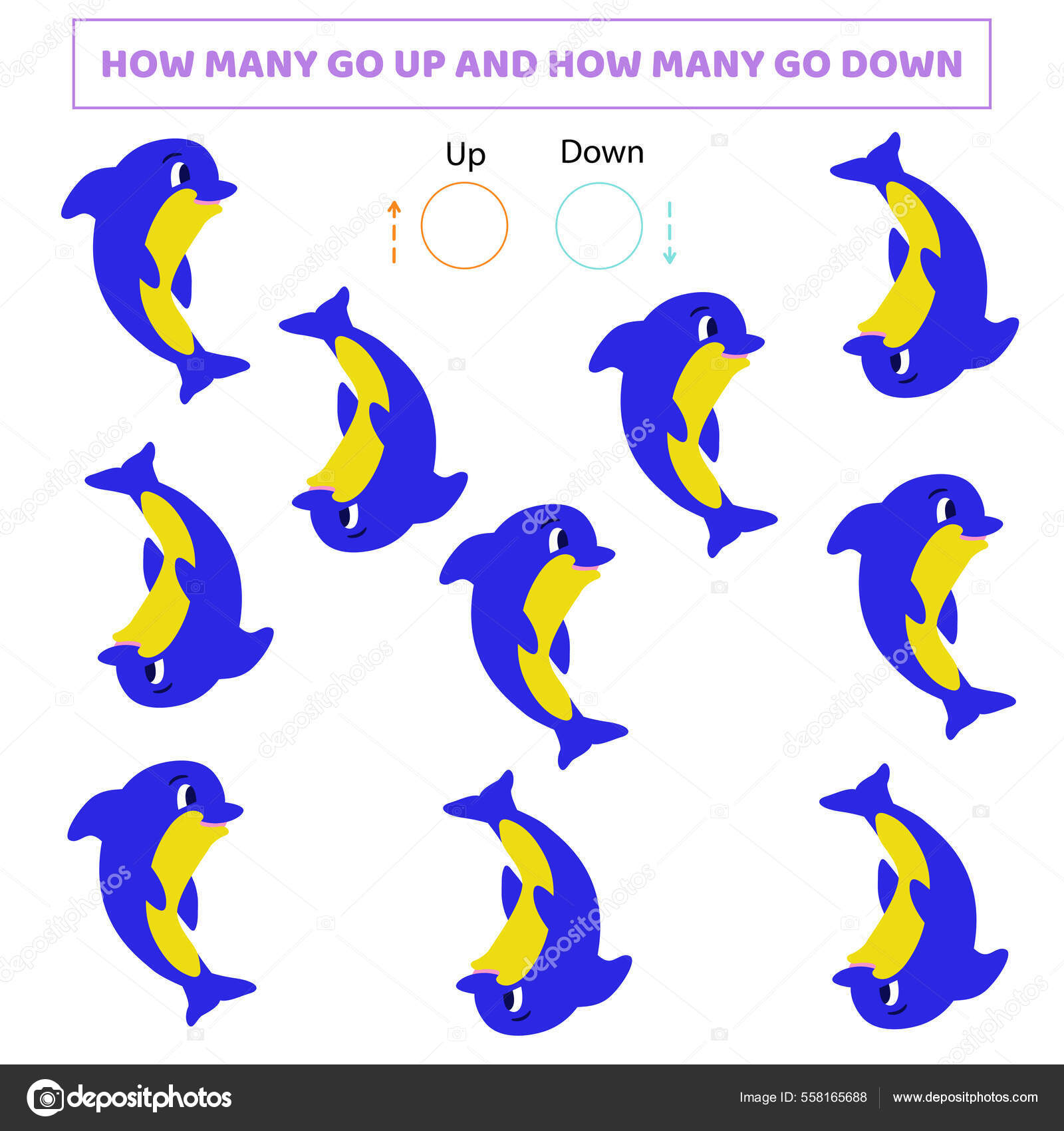 How Many How Many Counting Game Cute Cartoon Dolphin Worksheet Stock ...