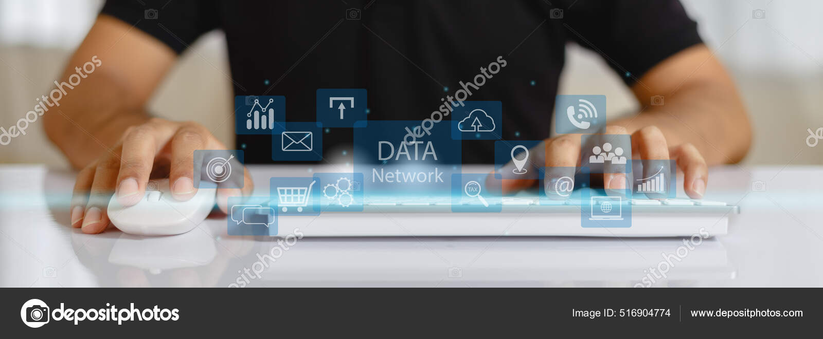 Data Network Digital Connect Man Using Computer Keyboard Searching ...