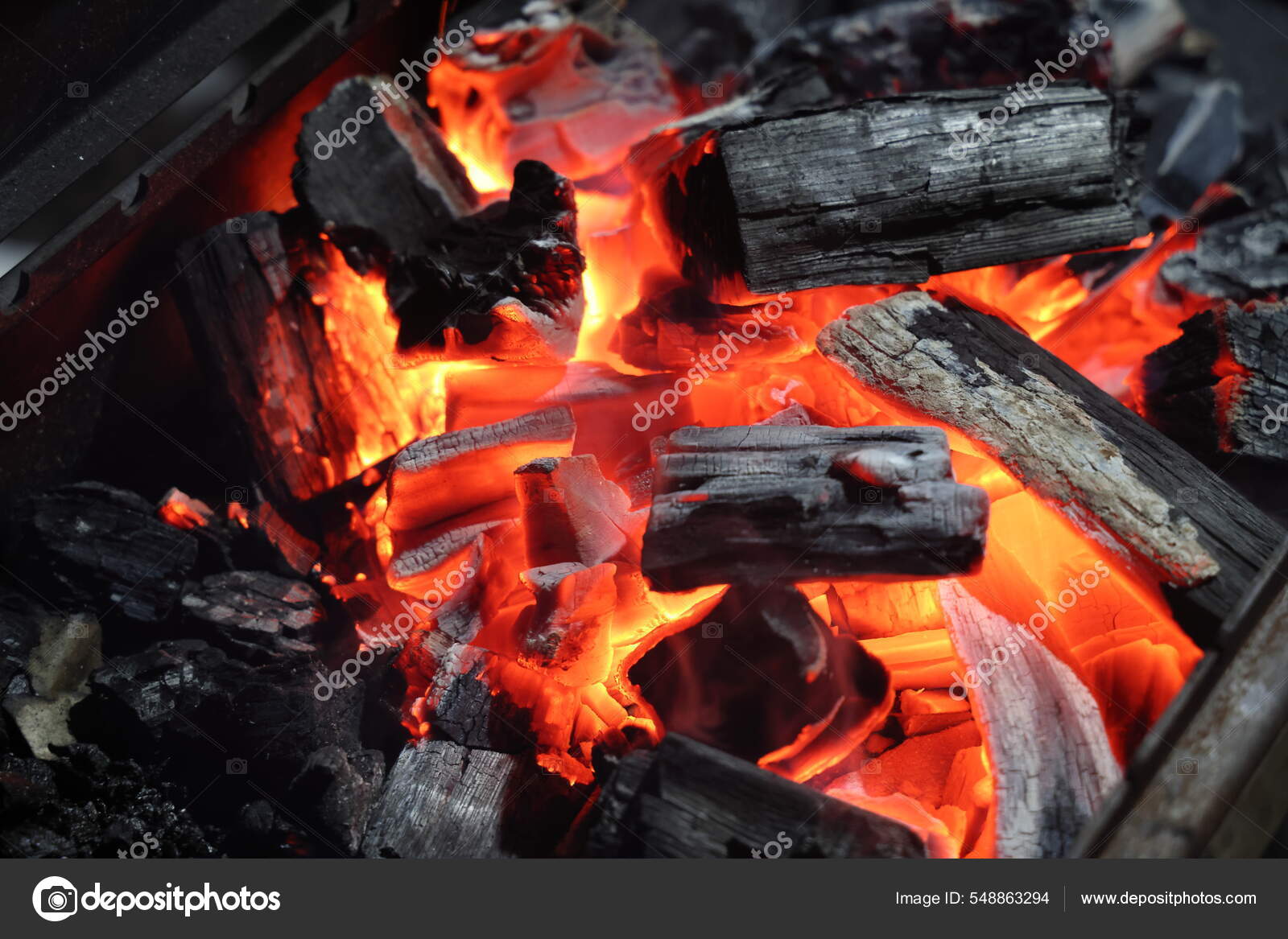 Barbecue Grill Pit Glowing Flaming Hot Charcoal Briquettes Close ...
