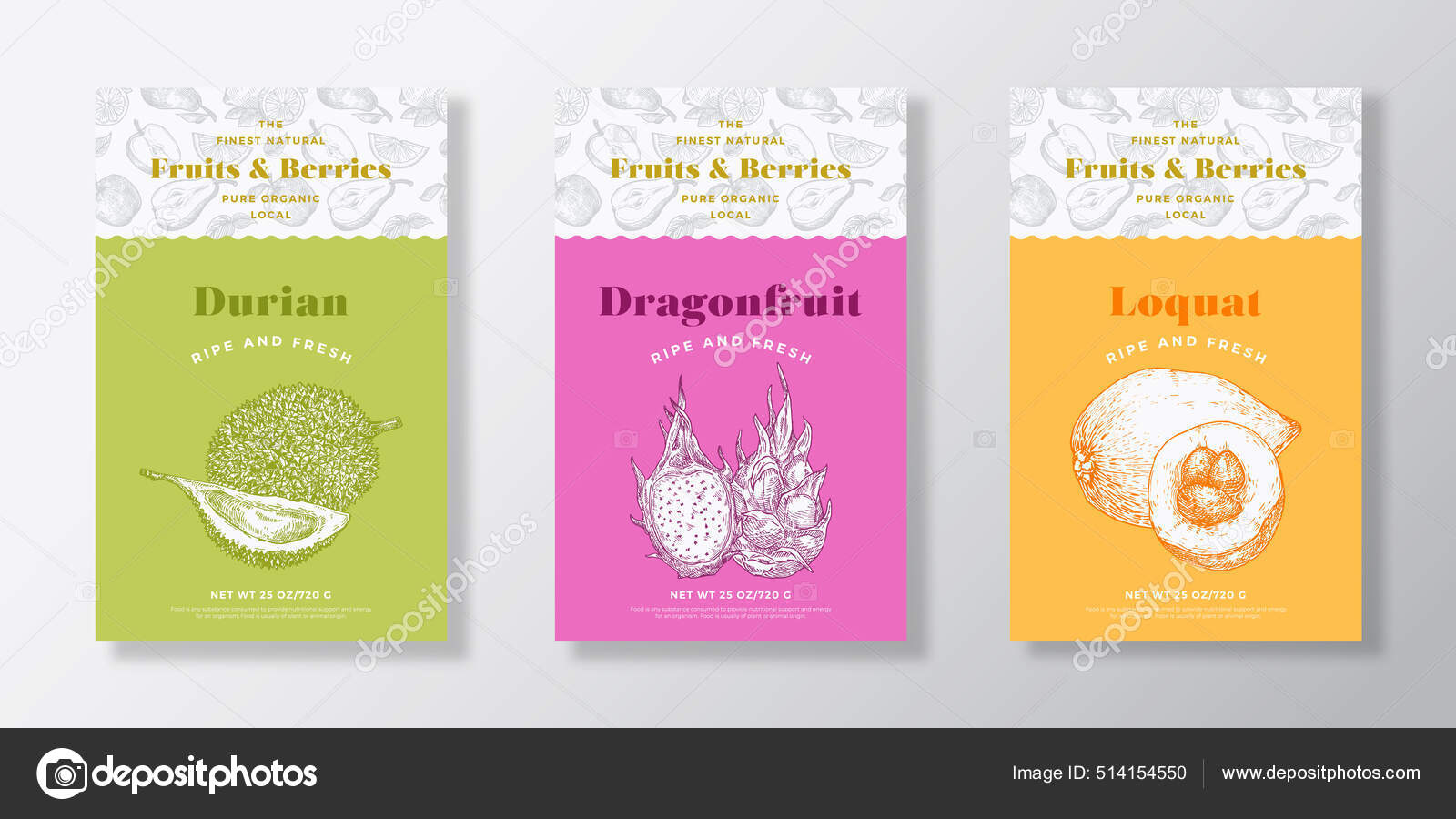 Fruits and Berries Pattern Label Templates Set. Vector Packaging Design ...