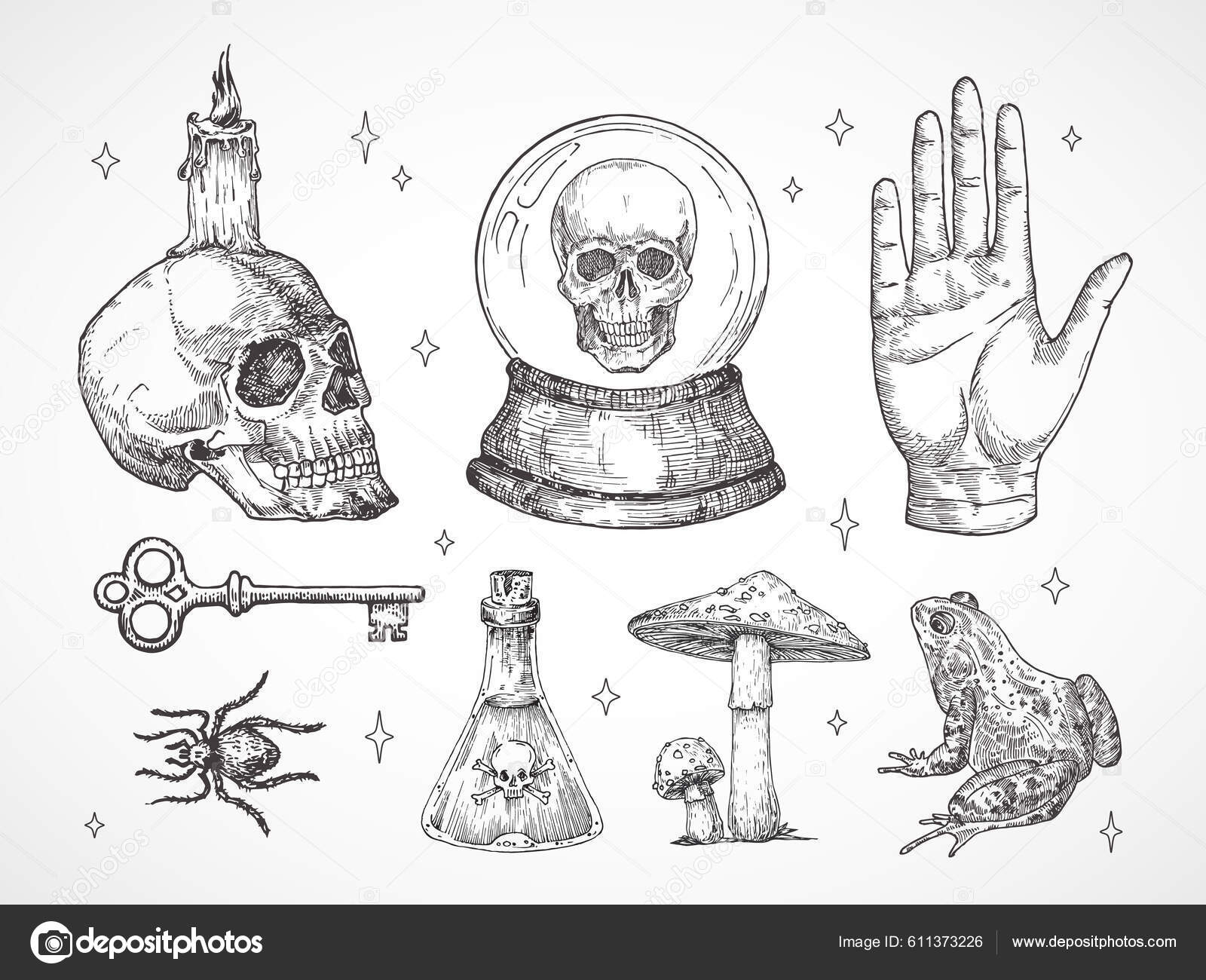 Mystical Magic Engraving Illustrations Set Hand Drawn Tattoo Style ...