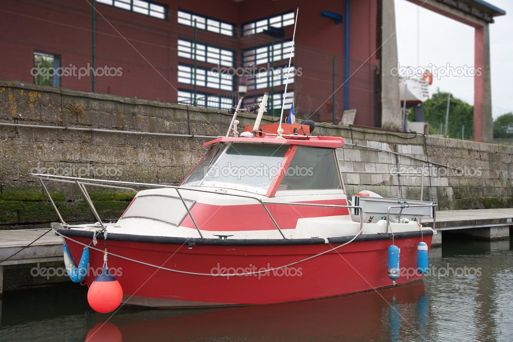 Floating small red motorboat at the dock ⬇ Stock Photo, Image by ...
