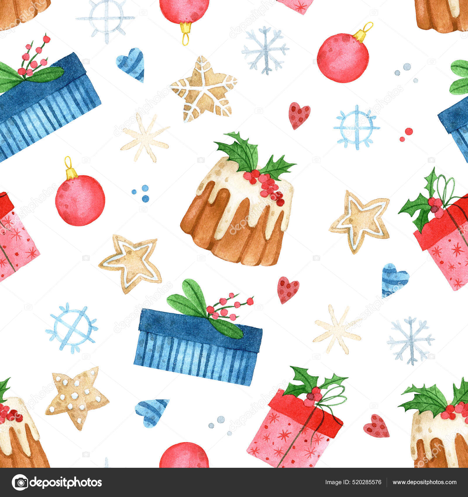 Watercolor Seamless Pattern Christmas New Year Print Cute Drawings ...