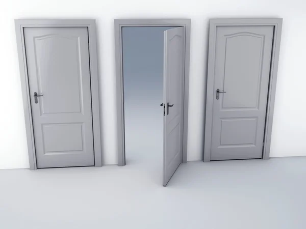 3d rendering of three doors, one open and two closed — Stock Photo ...
