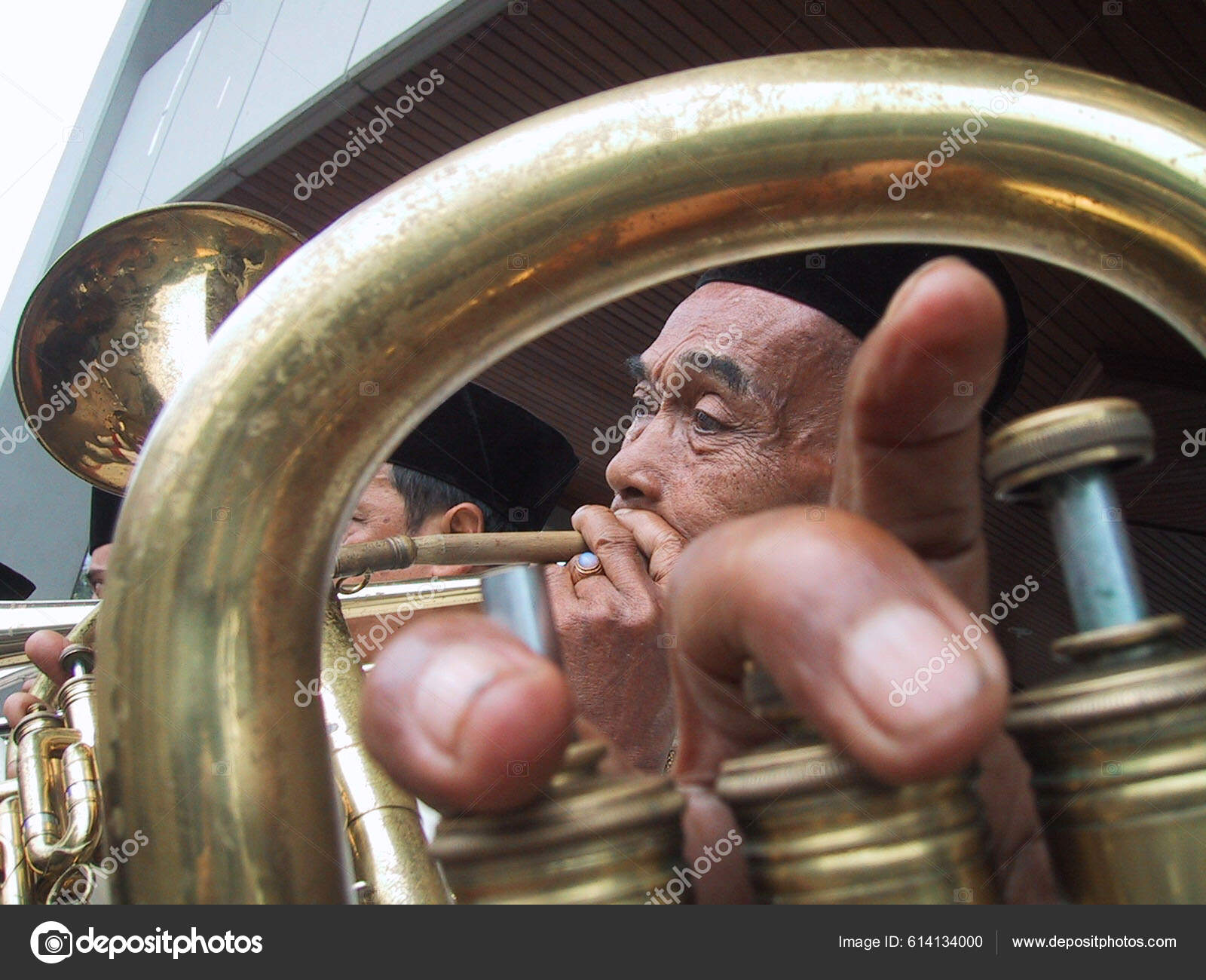 Old Man Blows Trumpet Instrument Betawi Traditional Music Performance ...