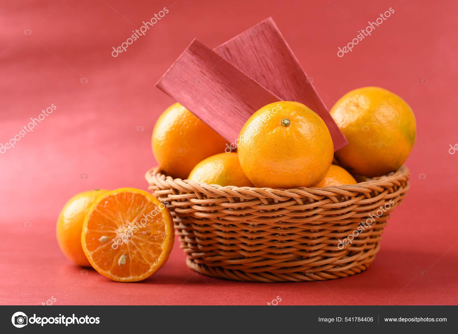 Orange Fruit Red Envelope Basket Red Background Chinese New Year Stock ...